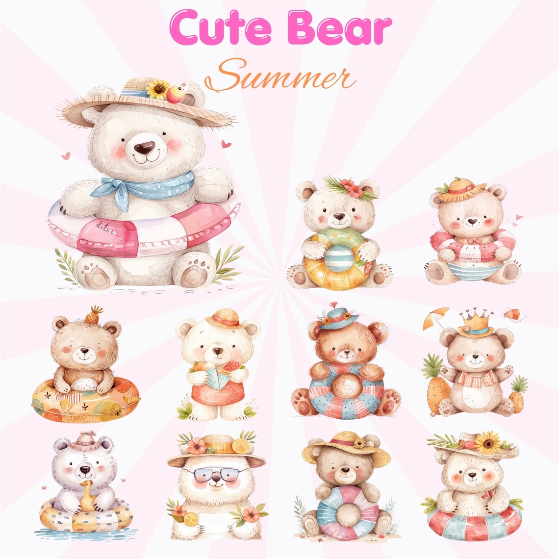 Cute Bear Summer, Bear Clipart PNG, Summer Watercolor, Bear Kids PNG ...