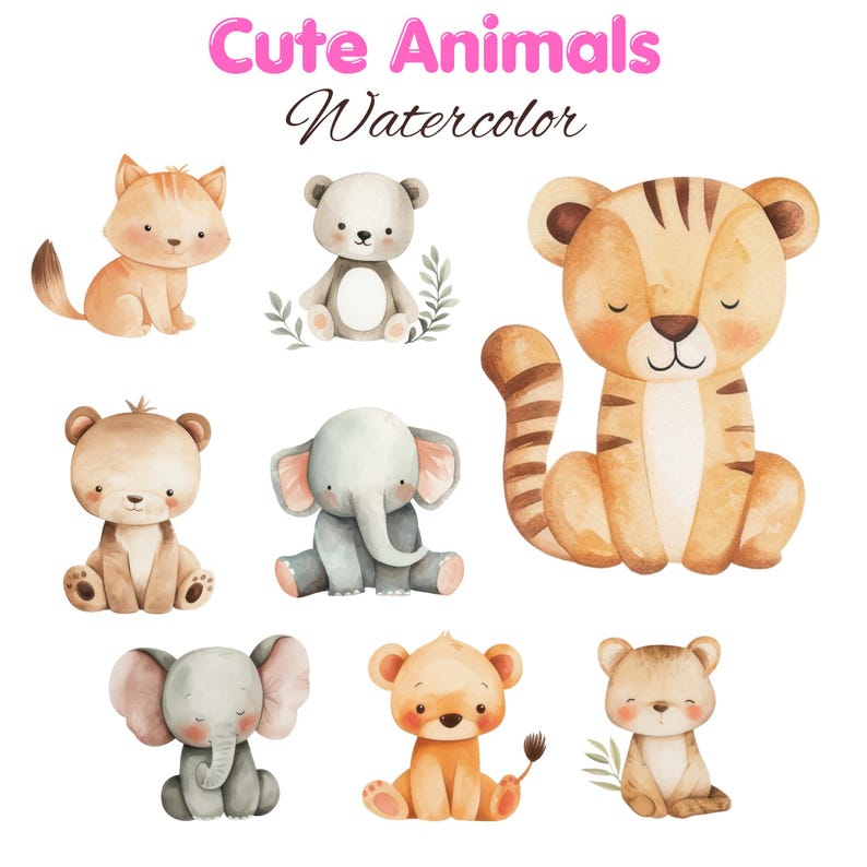 Cute Animals Watercolor , Animals Clipart, Animals PNG, Cute Animals ...
