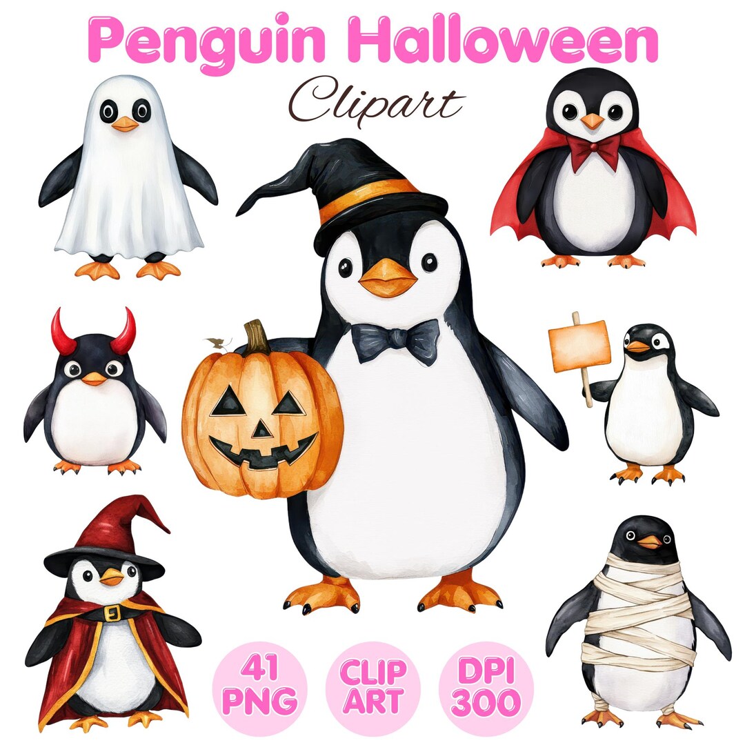 Halloween Penguin Clipart: Watercolor PNG Images (commercial Use) - Etsy