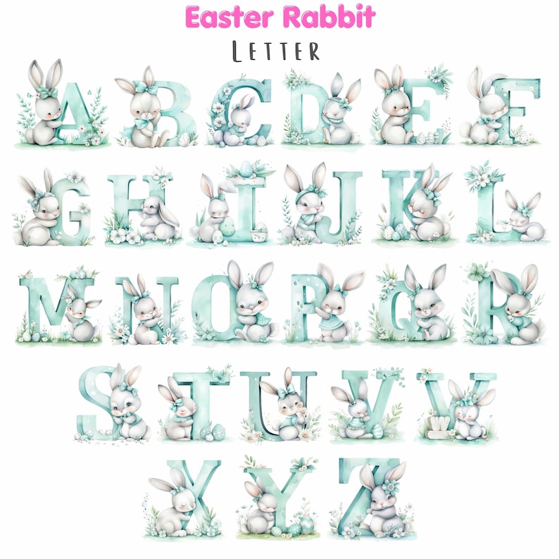 Watercolor Easter Rabbit Letter Clipart: Alphabet Number PNG ...