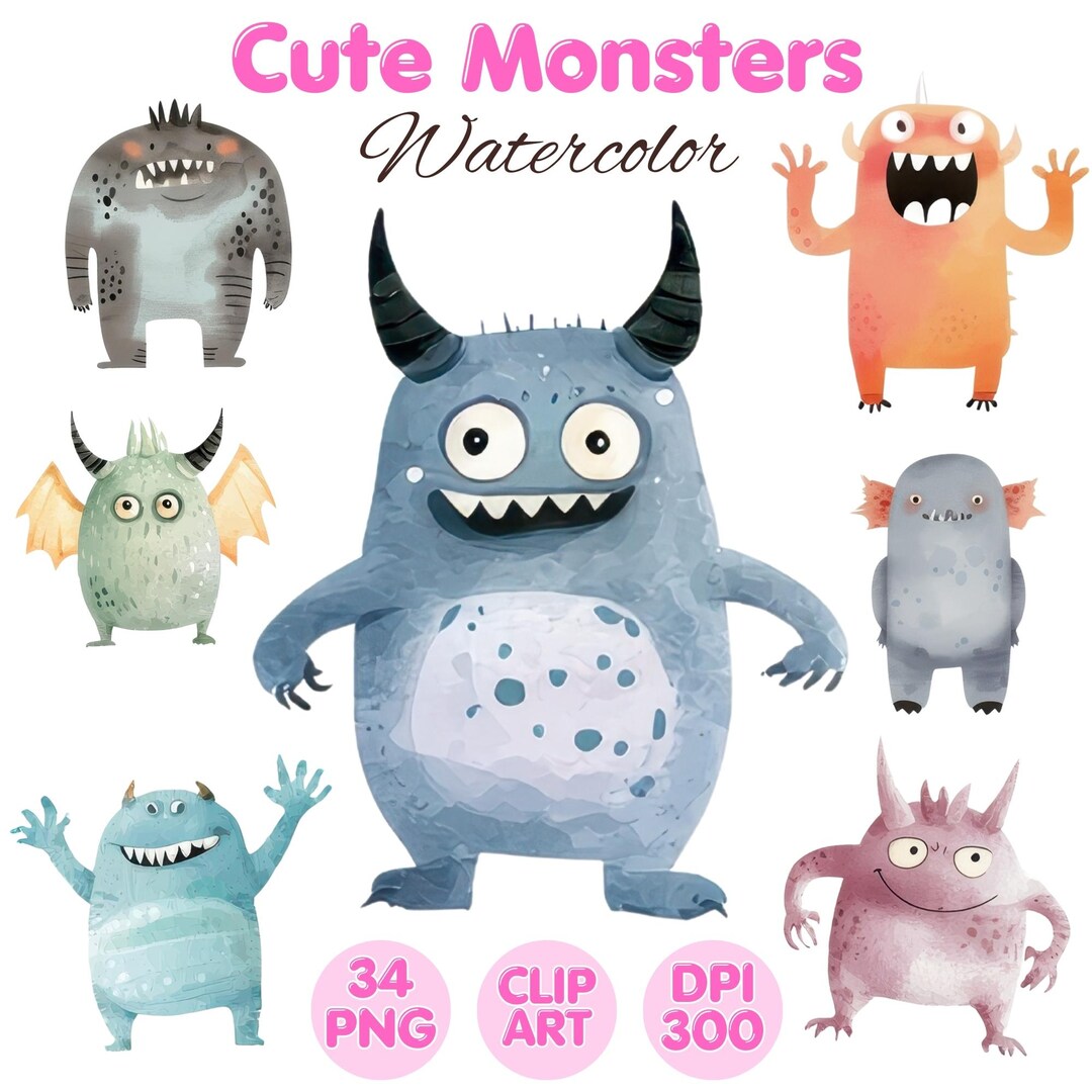 Monster Watercolor Clipart, Commercial Use PNG (digital Download - Etsy
