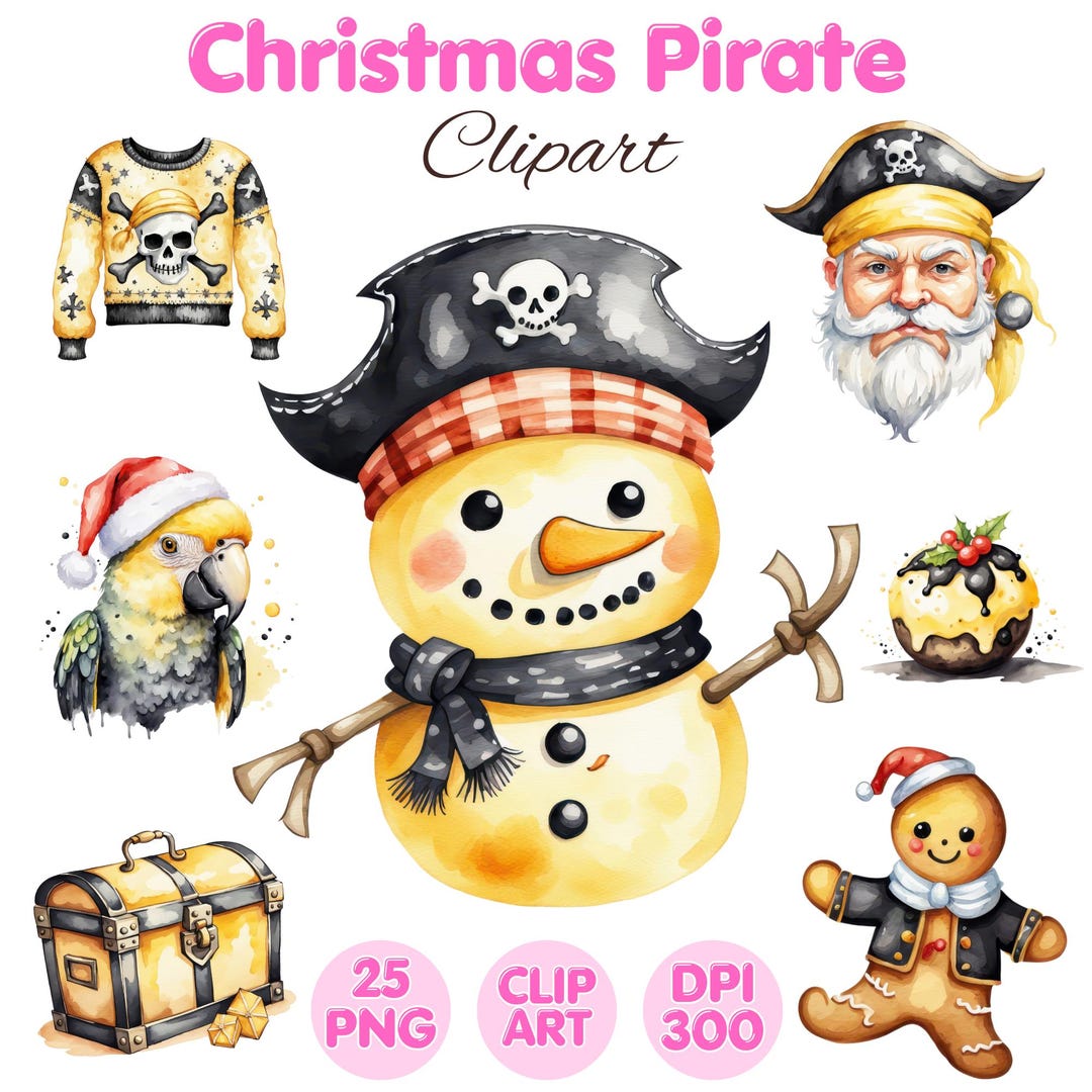 Watercolor Christmas Pirate Clipart: PNG Pirate Adventures (commercial ...