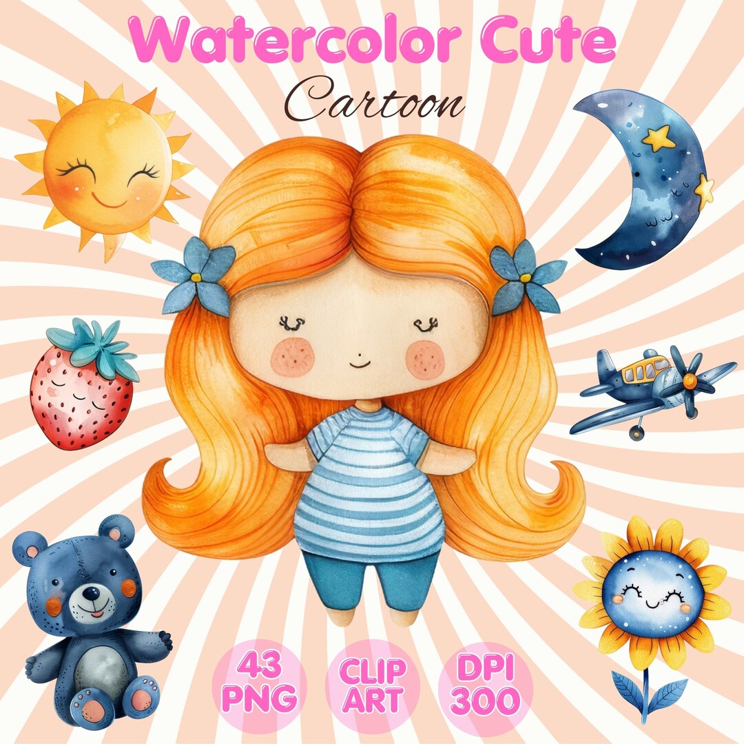 Watercolor Cute Cartoon, Nursery Clipart, Cute Cartoon PNG, Kid Decor ...