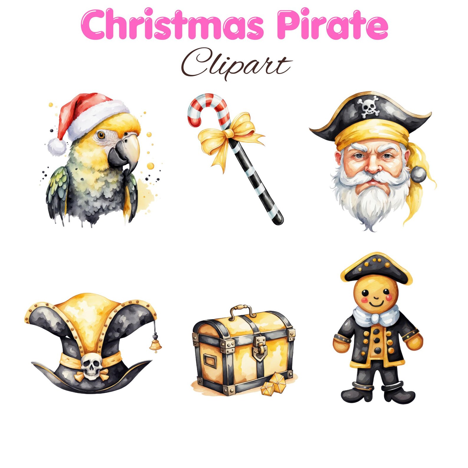 Watercolor Christmas Pirate Clipart: PNG Pirate Adventures (commercial ...