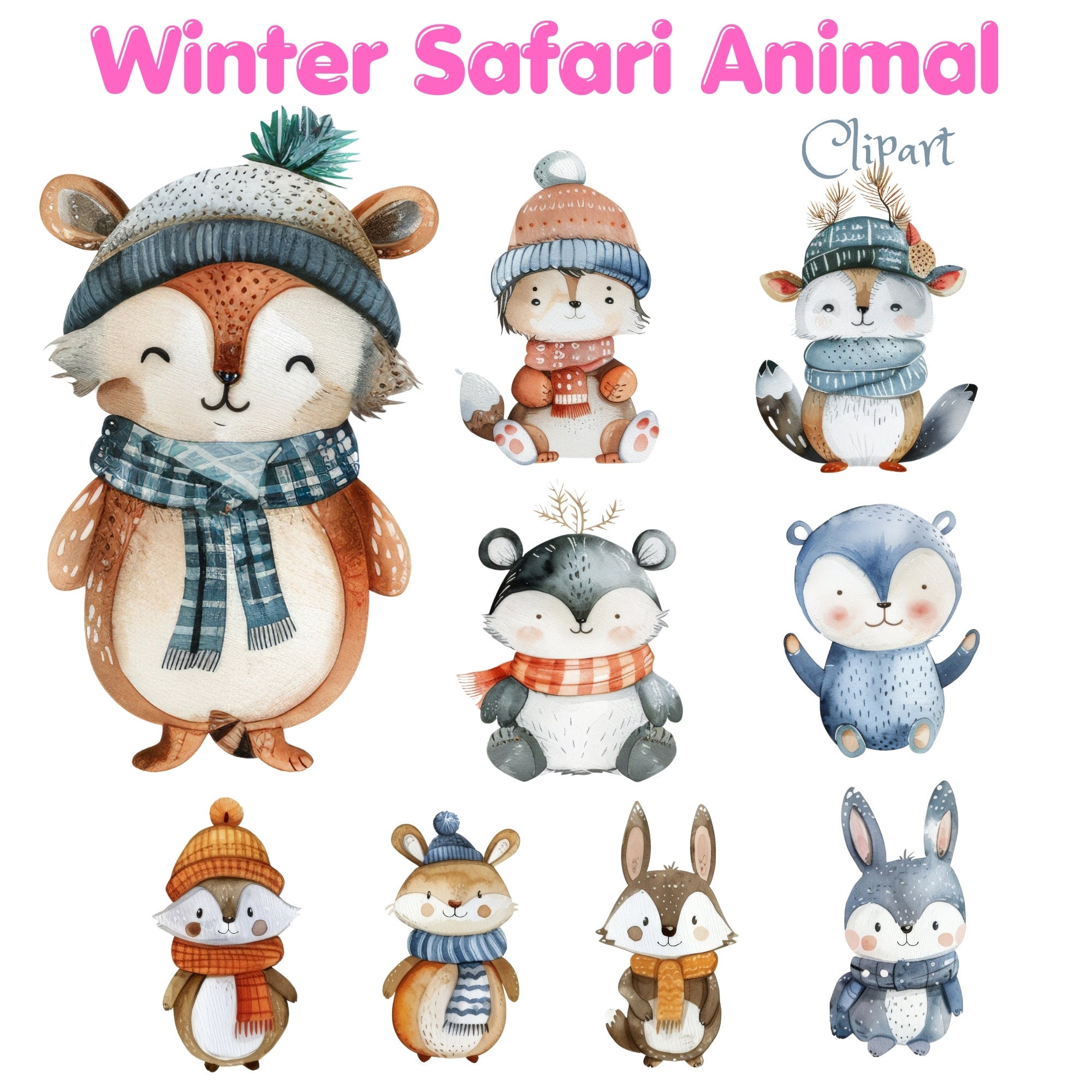 Winter Safari Animal Clipart,watercolor Safari PNG, Jungle Animal ...