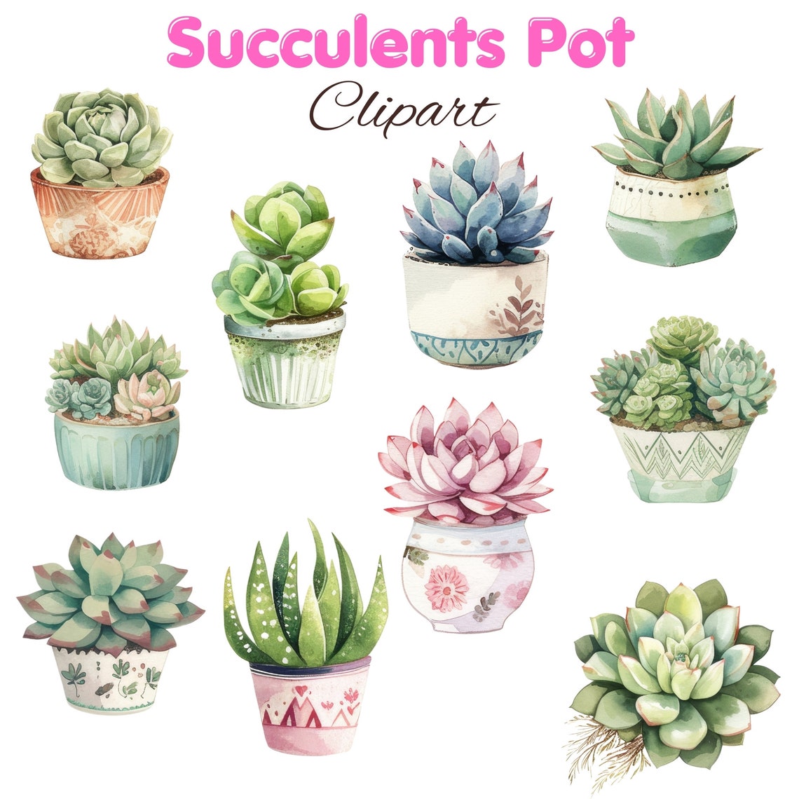 Succulents Pot Clipart, Watercolor Succulent Clipart, Succulent PNG ...