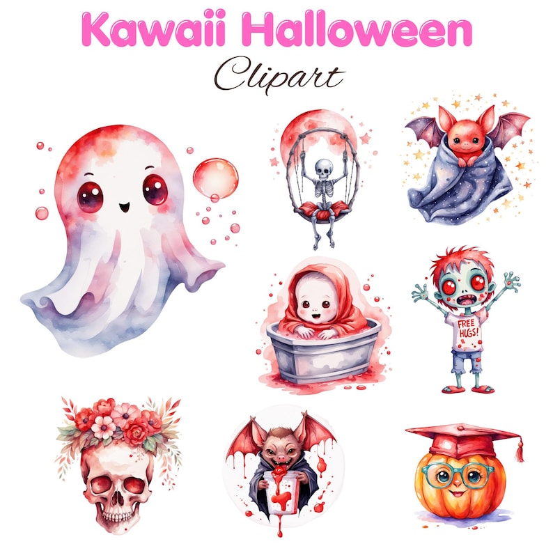 Kawaii Halloween Clipart: Watercolor PNG Graphics (commercial Use) - Etsy