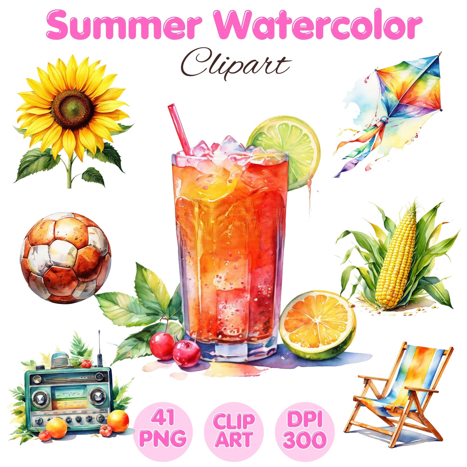 Summer Watercolor Clipart , Summer PNG , Summer Clipart , Beach ...