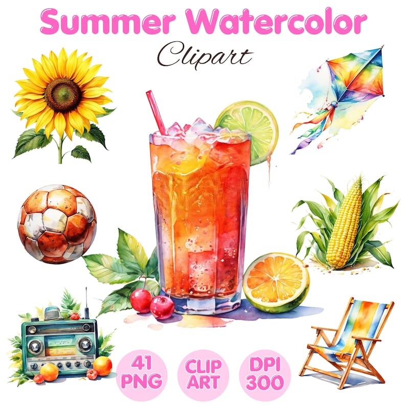 Summer Watercolor Clipart , Summer PNG , Summer Clipart , Beach ...