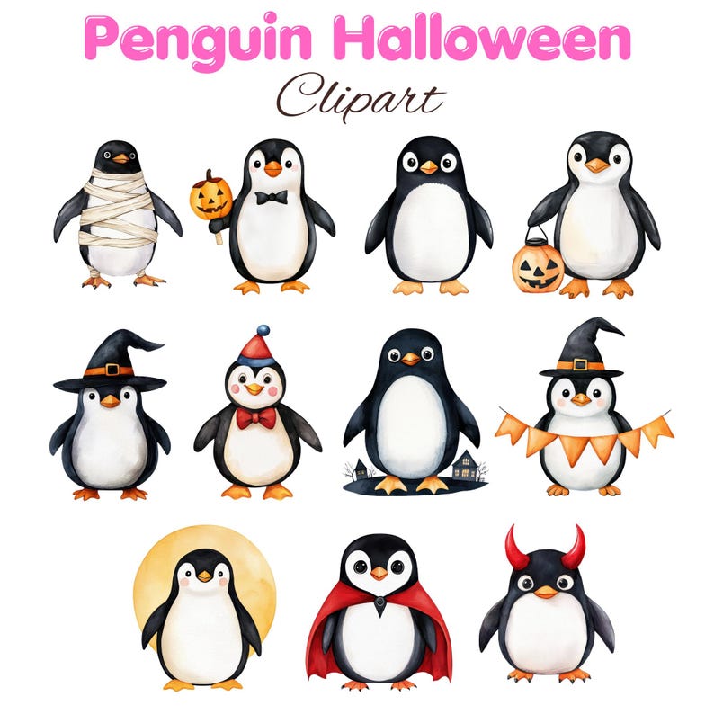 Halloween Penguin Clipart: Watercolor PNG Images (commercial Use) - Etsy