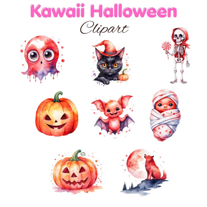 Kawaii Halloween Clipart: Watercolor PNG Graphics (commercial Use) - Etsy