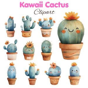 Kawaii Cactus Clipart: Watercolor PNG Images (commercial Use) - Etsy