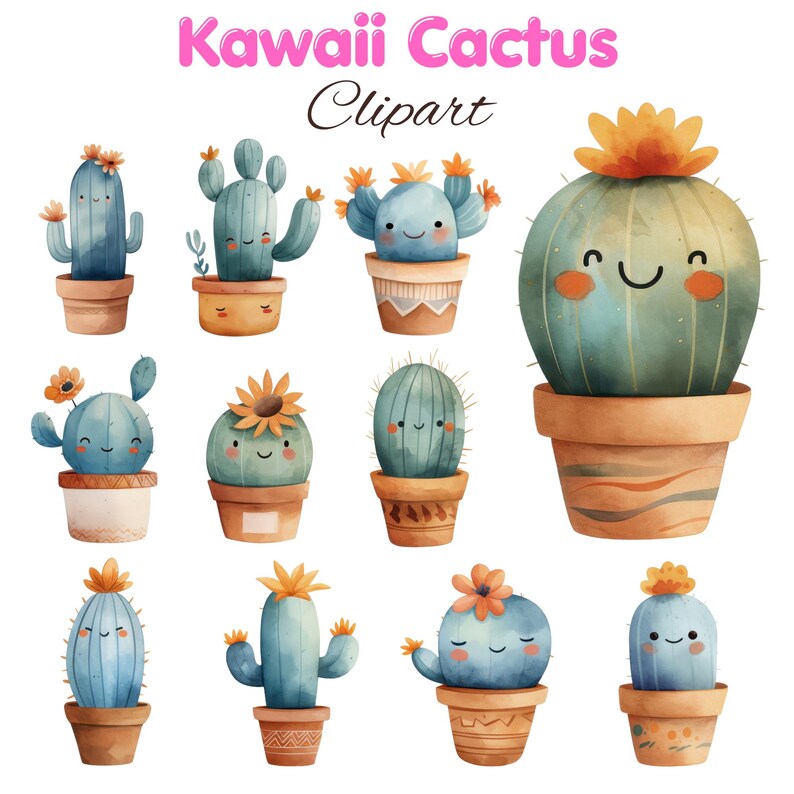 Kawaii Cactus Clipart: Watercolor PNG Images (commercial Use) - Etsy