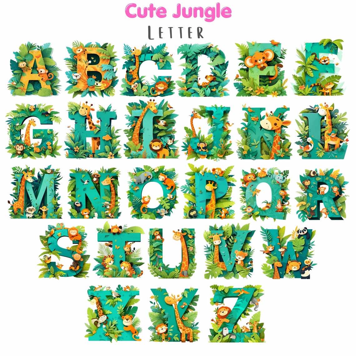 Cute Jungle Letter , Jungle Clipart , Jungle PNG, Watercolor Cute ...