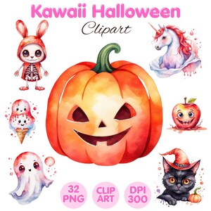 Kawaii Halloween Clipart: Watercolor PNG Graphics (commercial Use) - Etsy