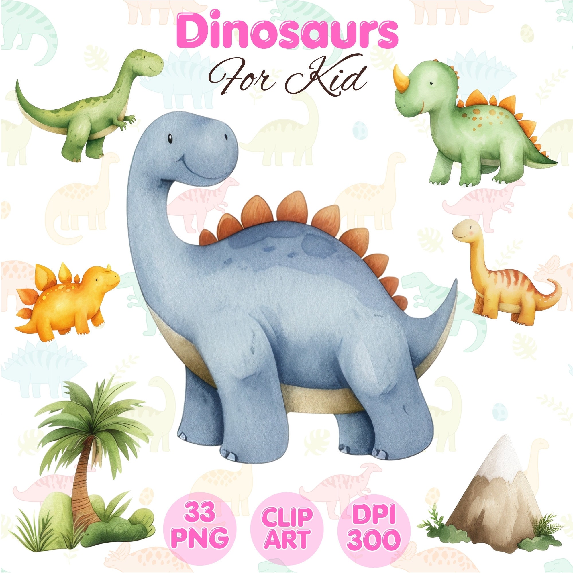 Watercolor Dinosaurs Clipart: Baby Dino PNG, Wall Art (commercial Use ...