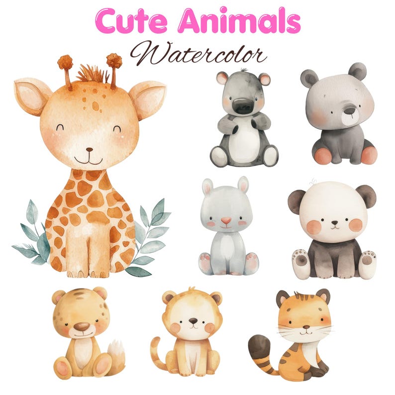 Cute Animals Watercolor , Animals Clipart, Animals PNG, Cute Animals ...