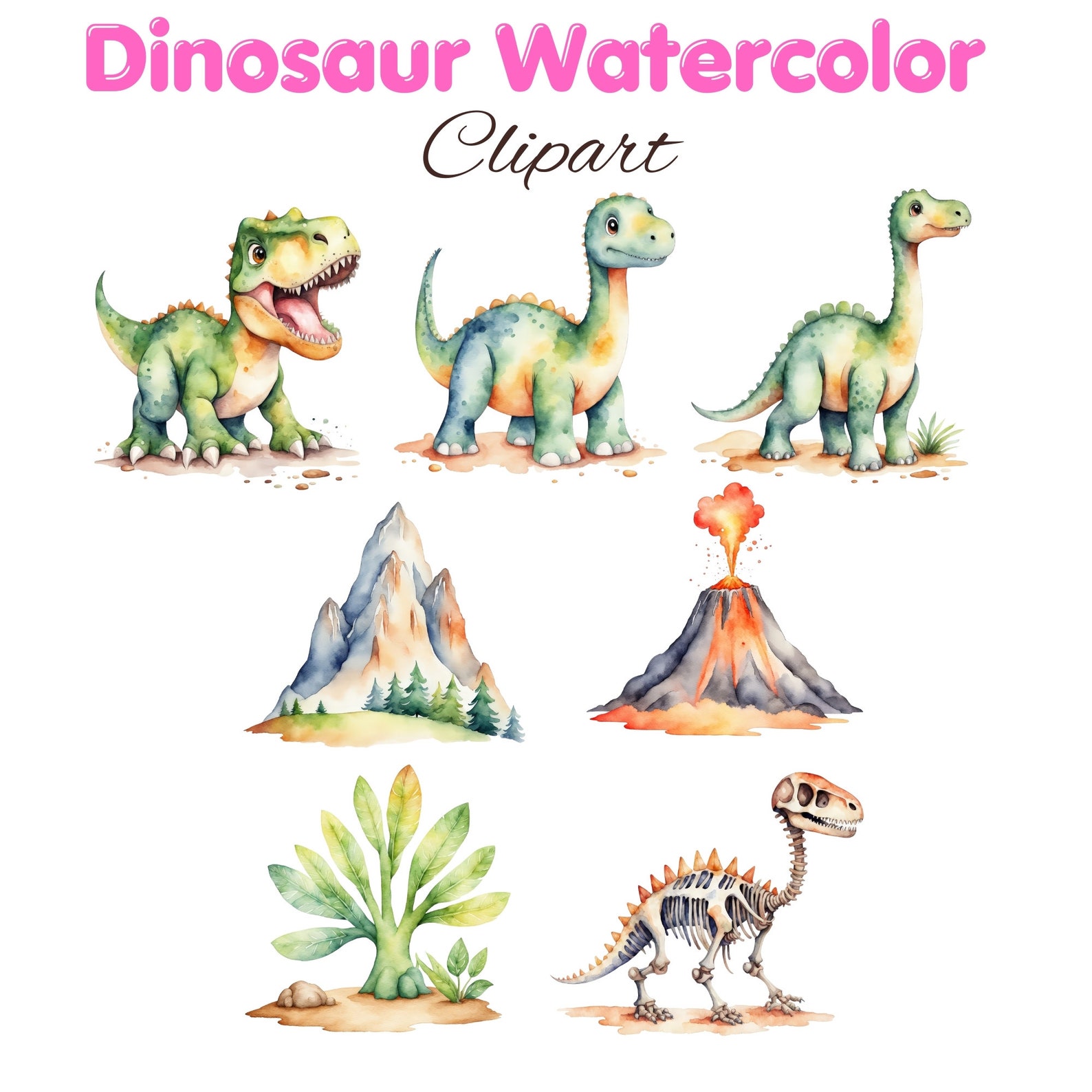 Watercolor Dinosaur Clipart: Baby Dino PNG, Commercial Use (digital ...
