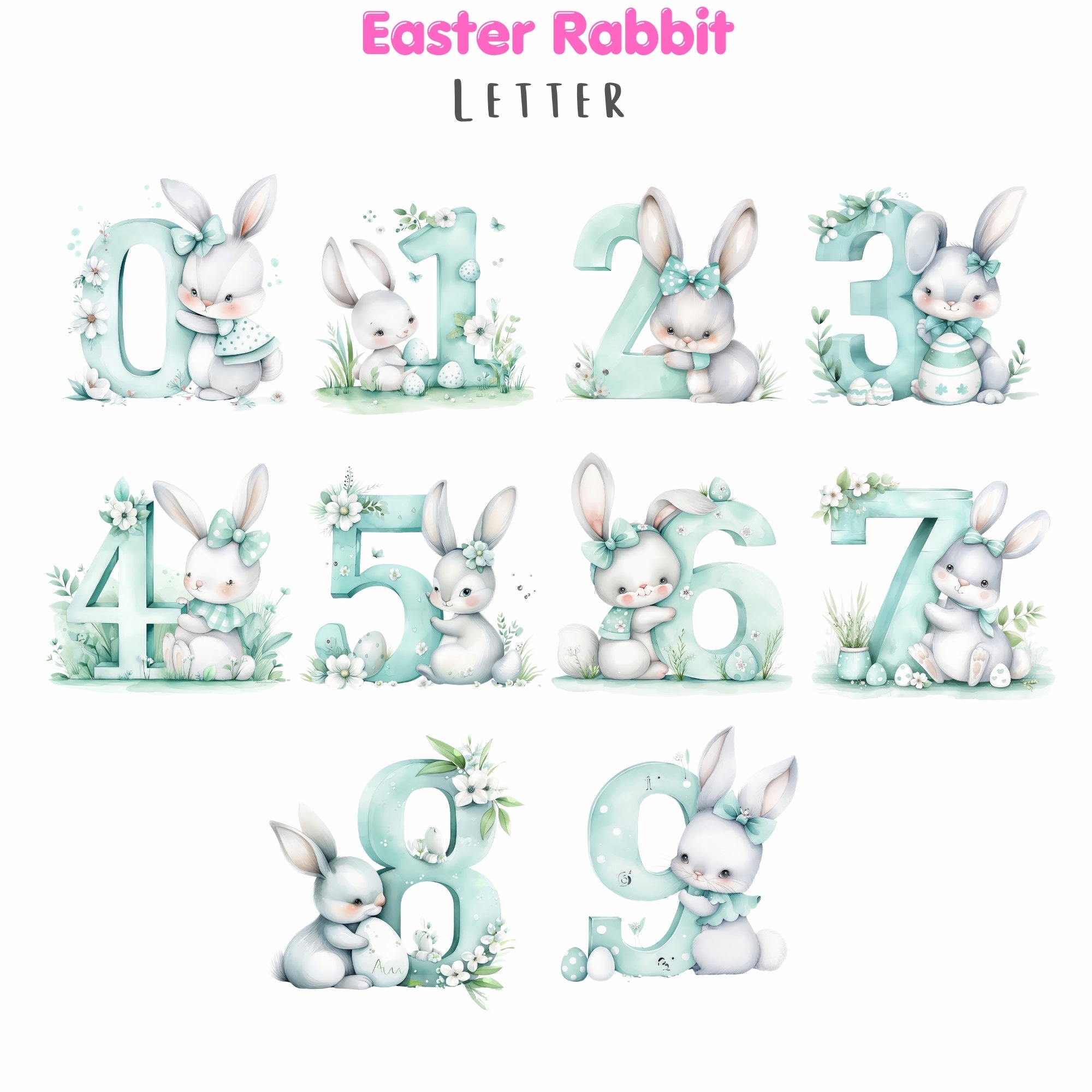 Watercolor Easter Rabbit Letter Clipart: Alphabet Number PNG ...