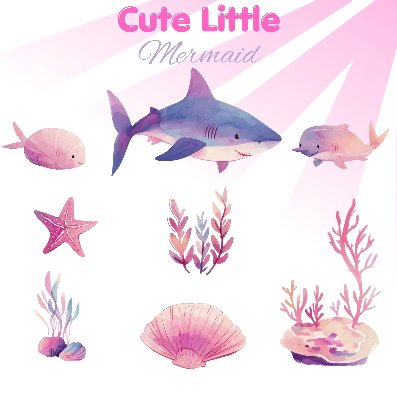 Watercolor Mermaid Clipart: Undersea Princess PNG Ornaments (digital ...