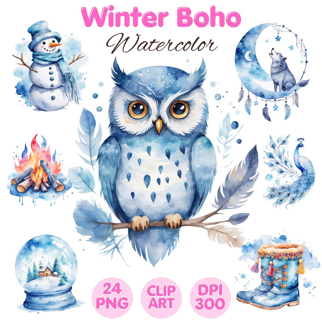 Winter Boho Watercolor Clipart: 24 PNG Images (commercial Use) - Etsy