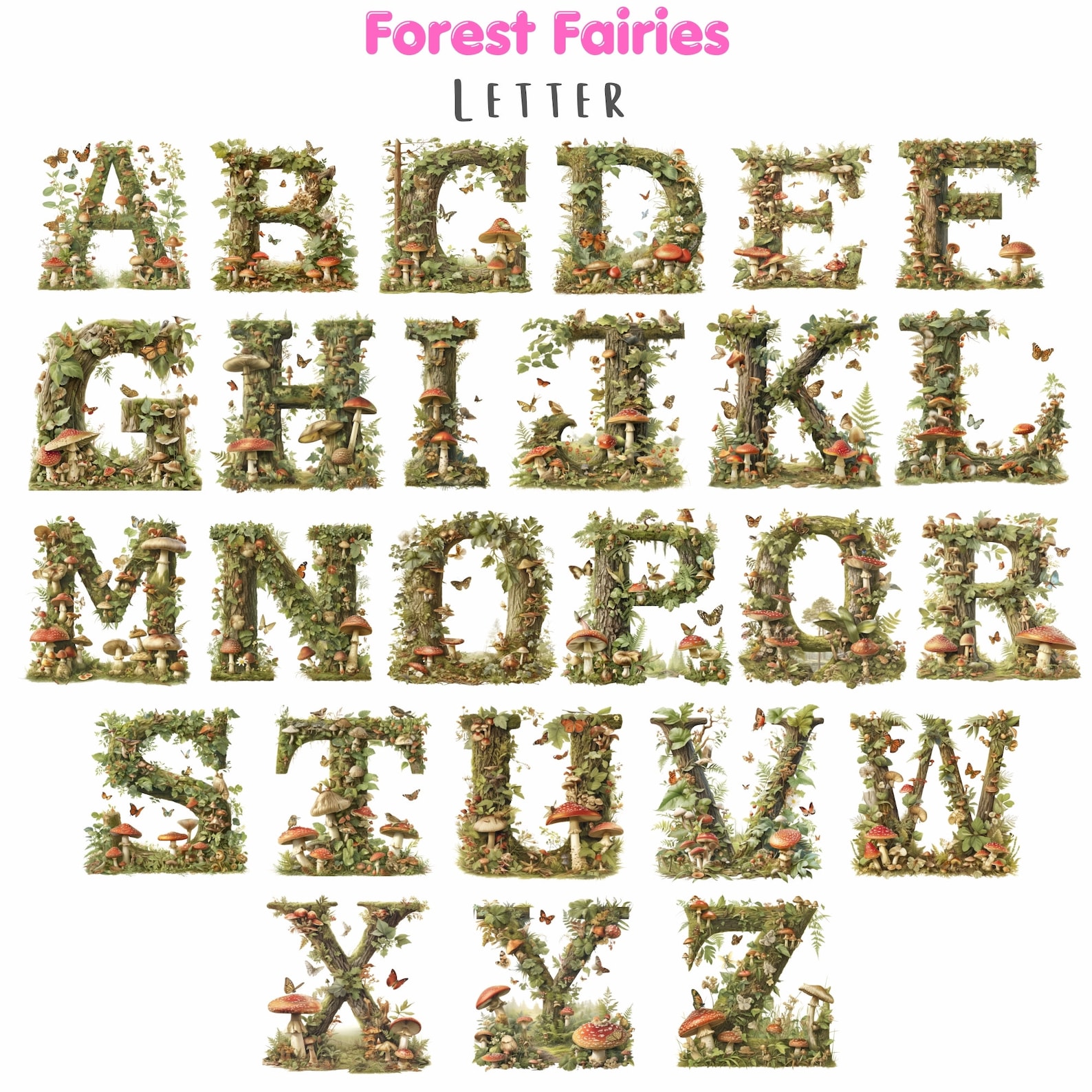 Forest Fairies Alphabet Clipart: Watercolor PNG Letters (commercial Use ...