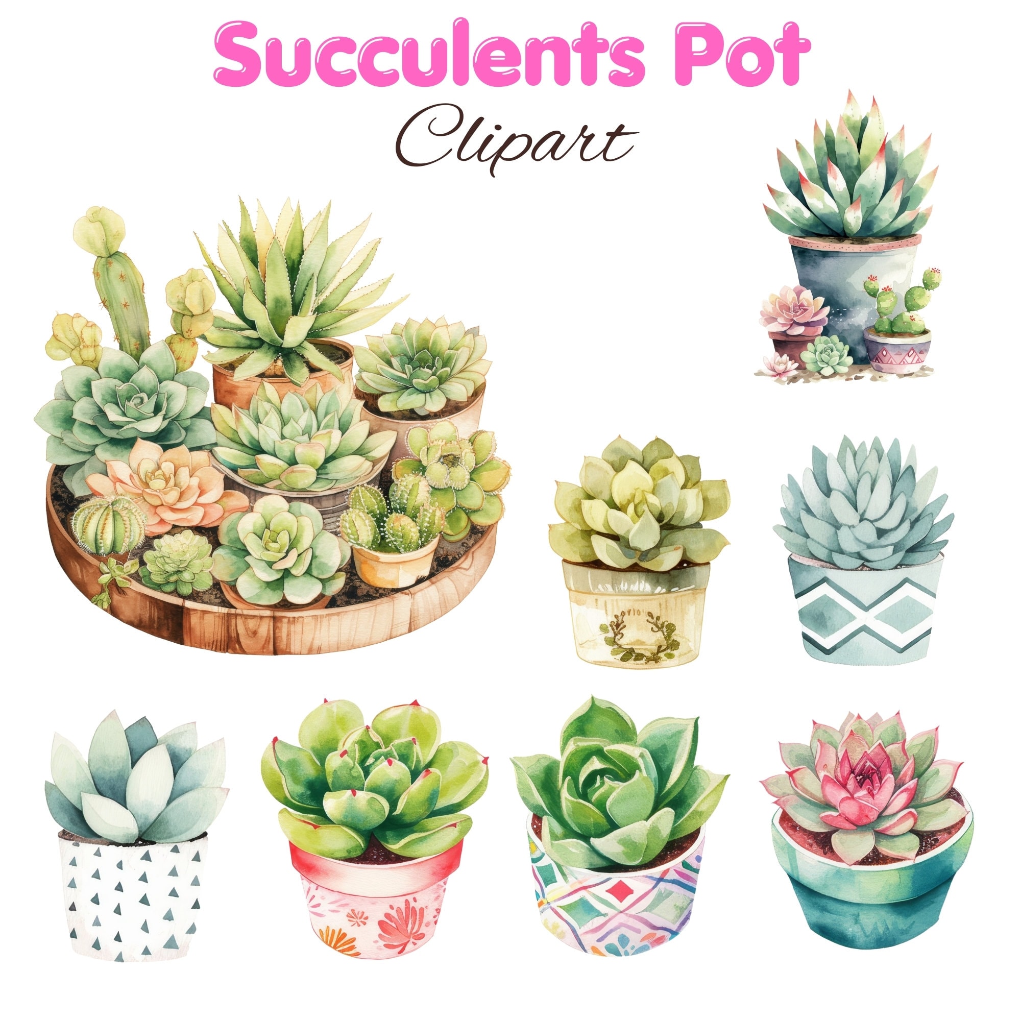 Succulents Pot Clipart, Watercolor Succulent Clipart, Succulent PNG ...