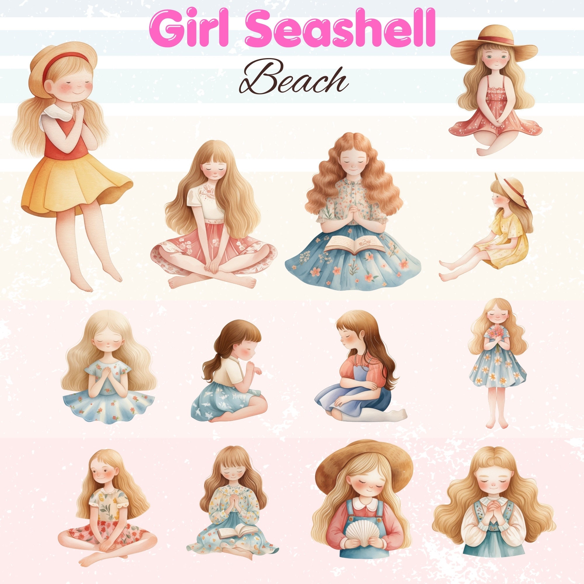 Seashell Beach Girl Clipart: Watercolor Summer PNG (commercial Use) - Etsy