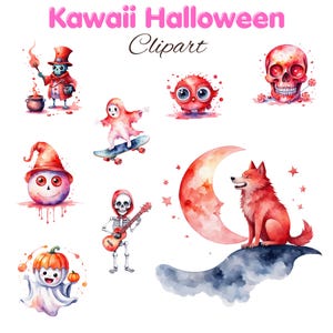 Kawaii Halloween Clipart: Watercolor PNG Graphics (commercial Use) - Etsy
