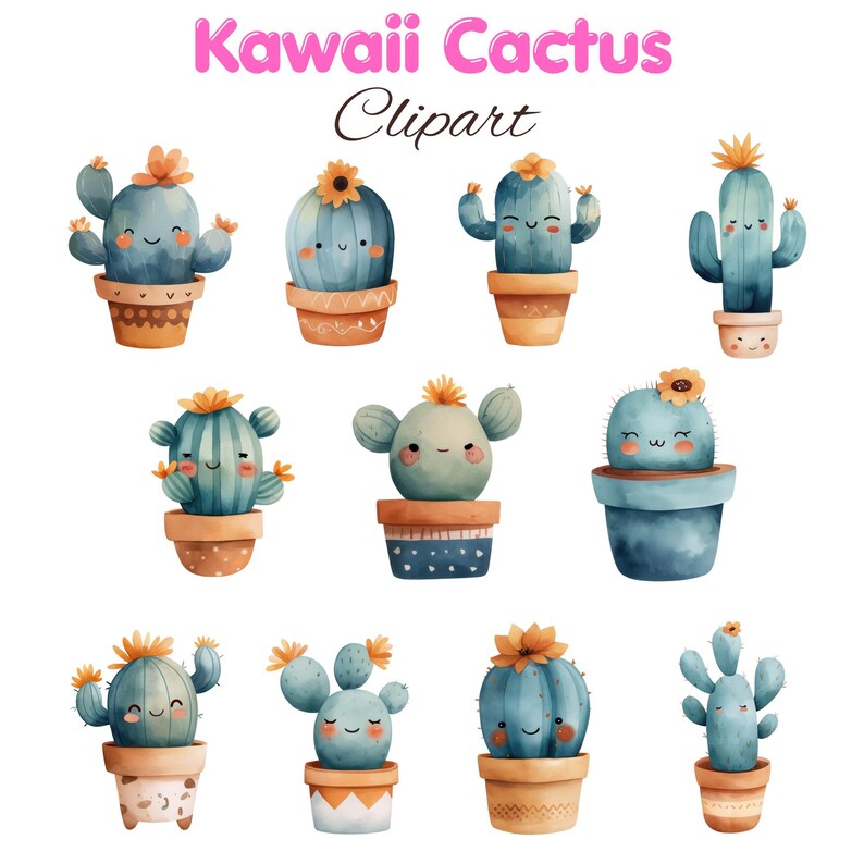 Kawaii Cactus Clipart: Watercolor PNG Images (commercial Use) - Etsy
