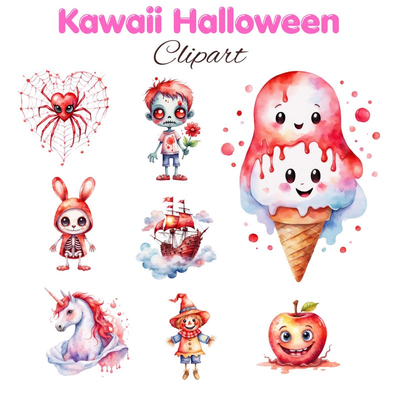 Kawaii Halloween Clipart: Watercolor PNG Graphics (commercial Use) - Etsy