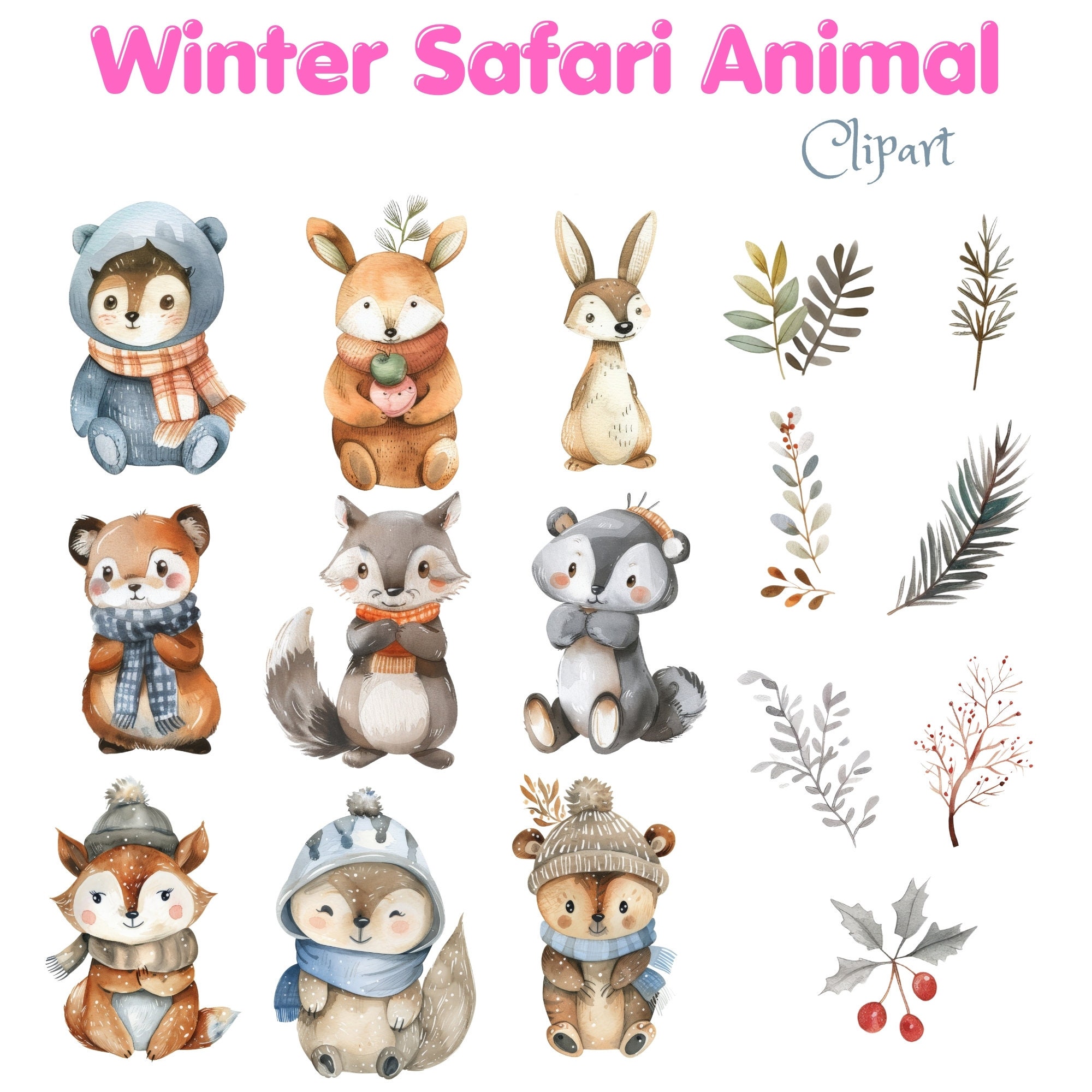 Winter Safari Animal Clipart,watercolor Safari PNG, Jungle Animal ...
