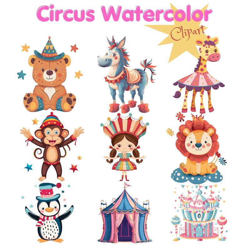 Circus Watercolor Clipart: Carnival Animals, Nursery Art (PNG Digital ...