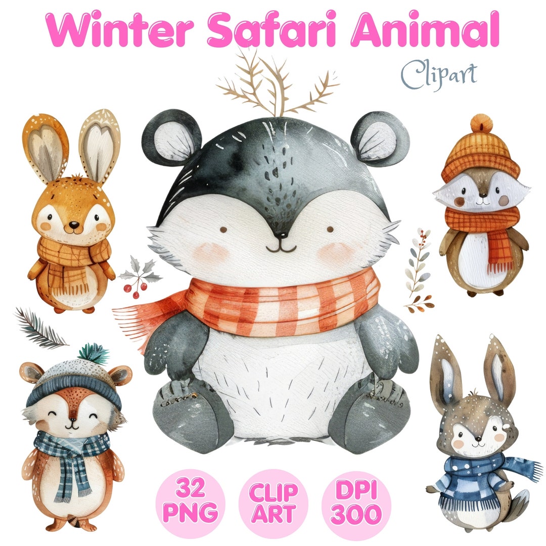 Winter Safari Animal Clipart,watercolor Safari PNG, Jungle Animal ...