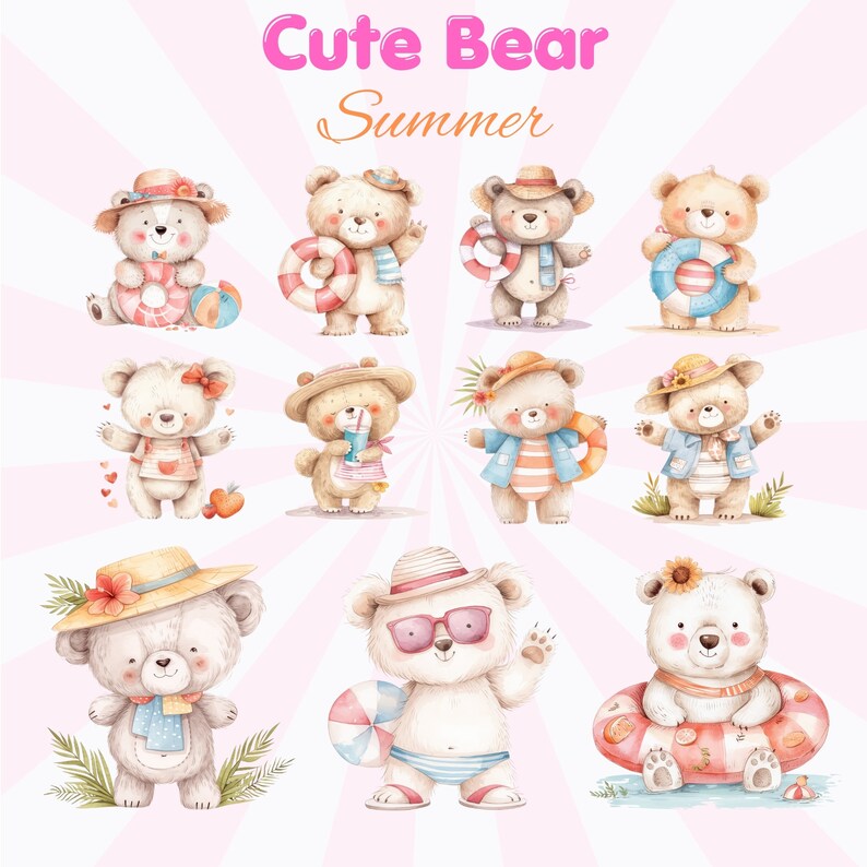 Cute Bear Summer, Bear Clipart PNG, Summer Watercolor, Bear Kids PNG ...