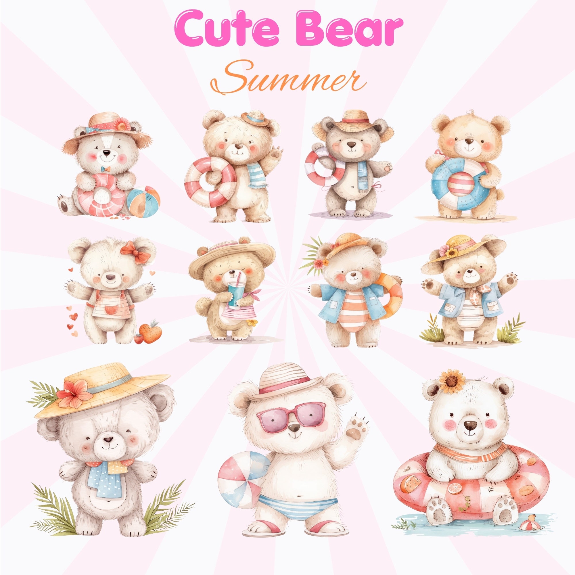 Cute Bear Summer, Bear Clipart PNG, Summer Watercolor, Bear Kids PNG ...