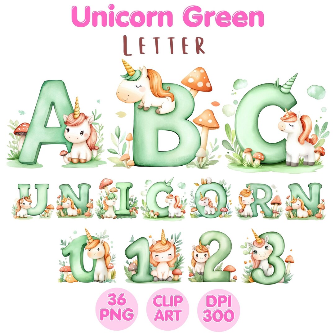 Unicorn Alphabet Clipart PNG, Pastel Green Letters (digital Download ...