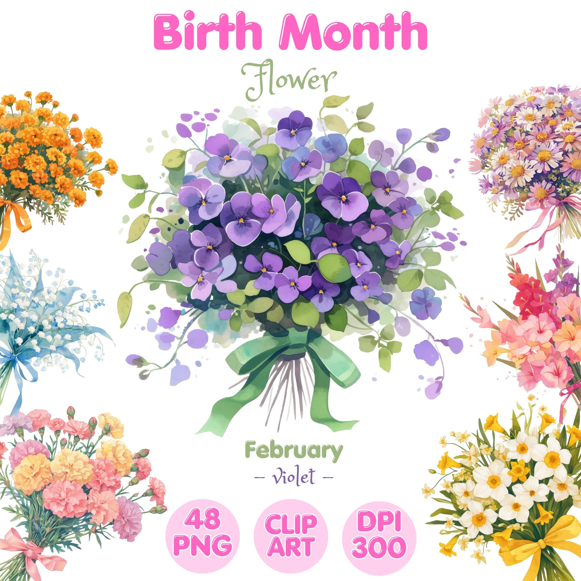 Birth Month Flower, Birthday Decor PNG, Bouquet DIY Clipart, Floral ...