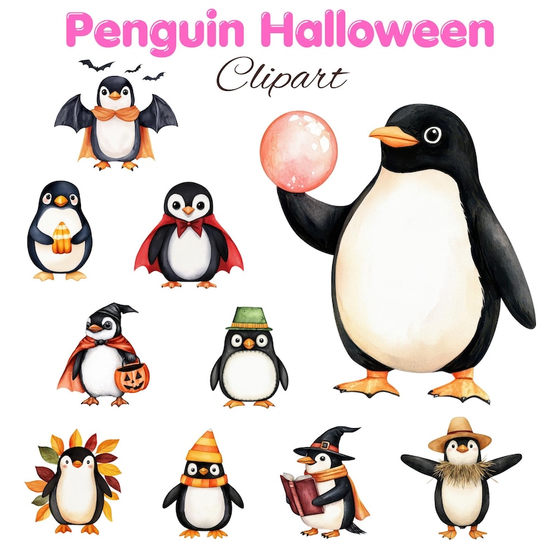 Halloween Penguin Clipart: Watercolor PNG Images (commercial Use) - Etsy