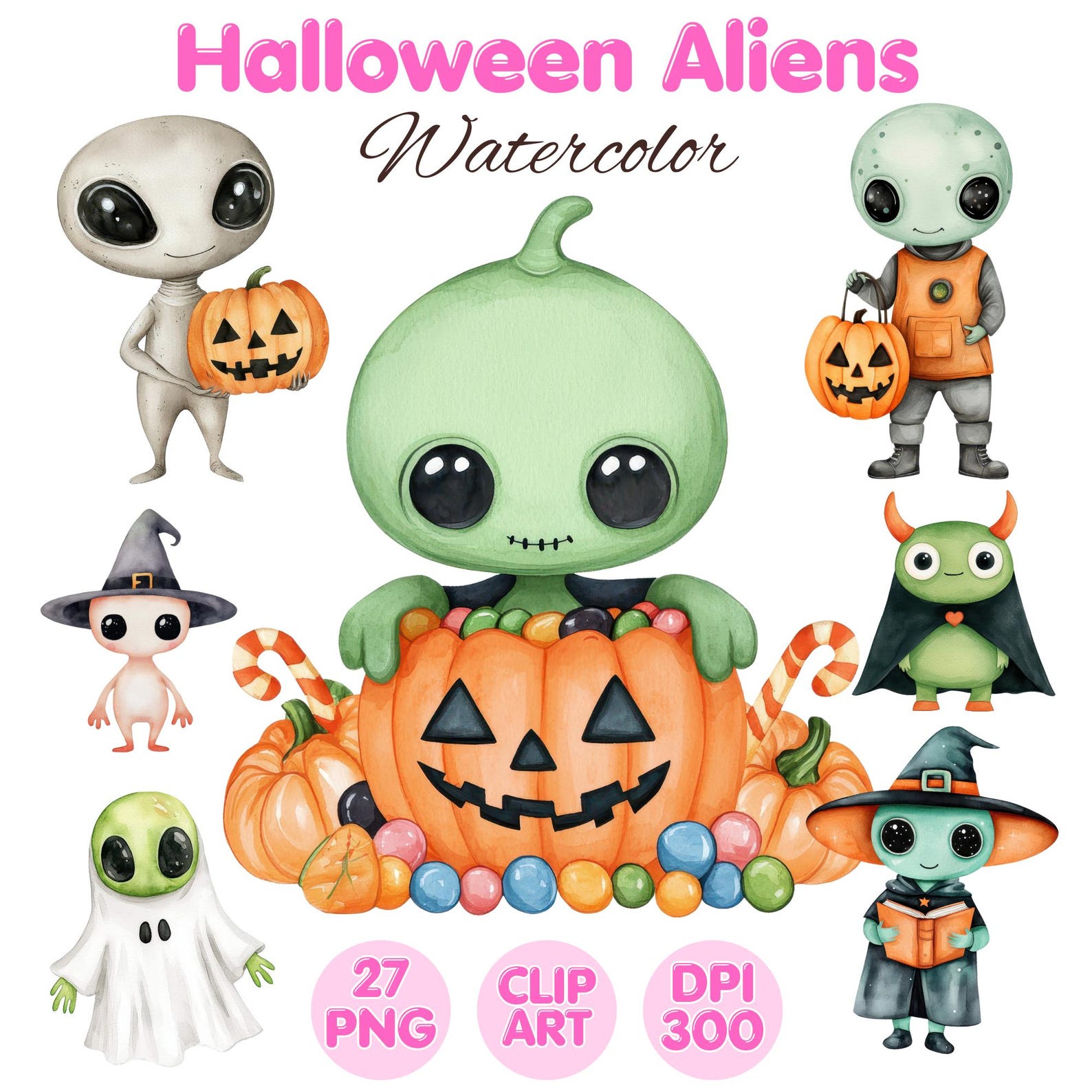 Halloween Aliens Watercolor Clipart: 27 PNG Images (commercial Use) - Etsy