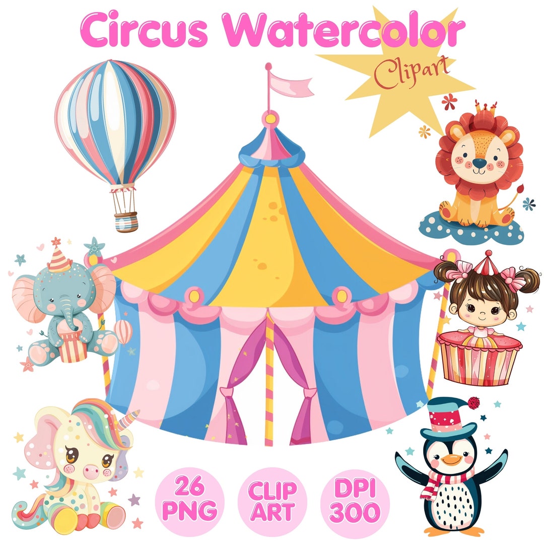 Circus Watercolor Clipart, Circus PNG, Cute Carnival, Animal Circus ...