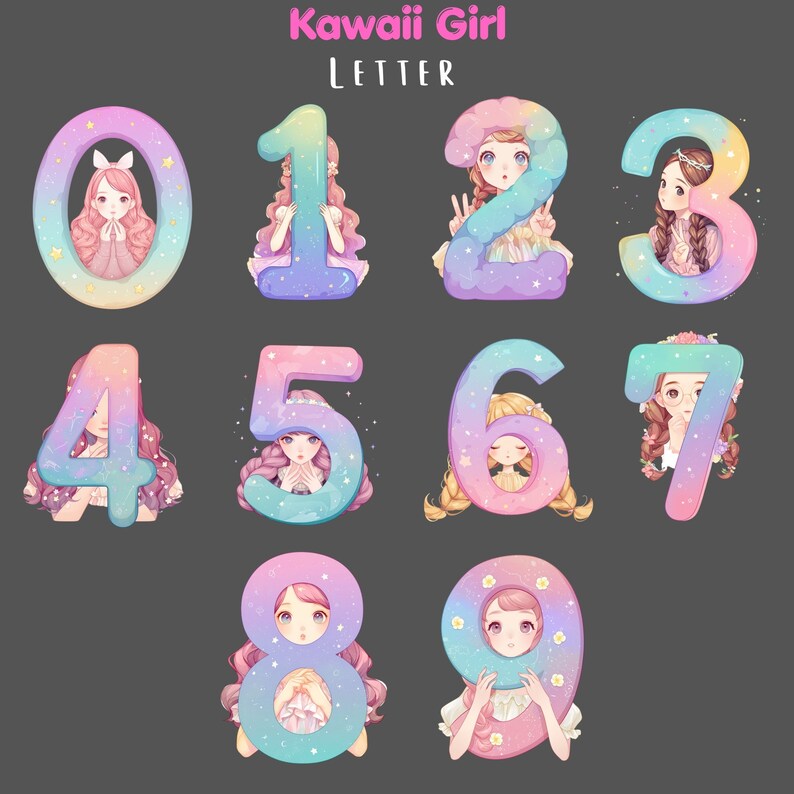 Kawaii Girl Letter Number Clipart, Kawaii Alphabet PNG, Doodle Letters ...