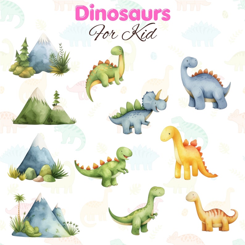 Watercolor Dinosaurs Clipart: Baby Dino PNG, Wall Art (commercial Use ...
