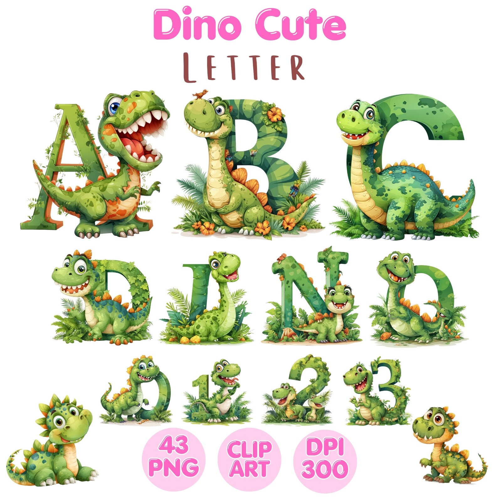 Cute Dino Letter , Dino Letter Clipart , Dino PNG, Watercolor Cute Dino ...