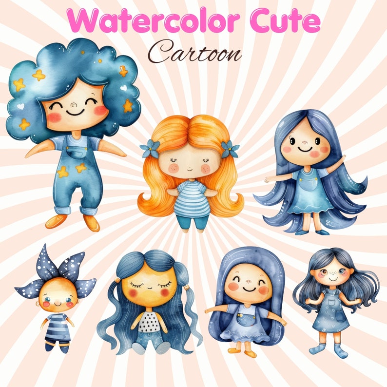 Watercolor Cute Cartoon, Nursery Clipart, Cute Cartoon PNG, Kid Decor ...