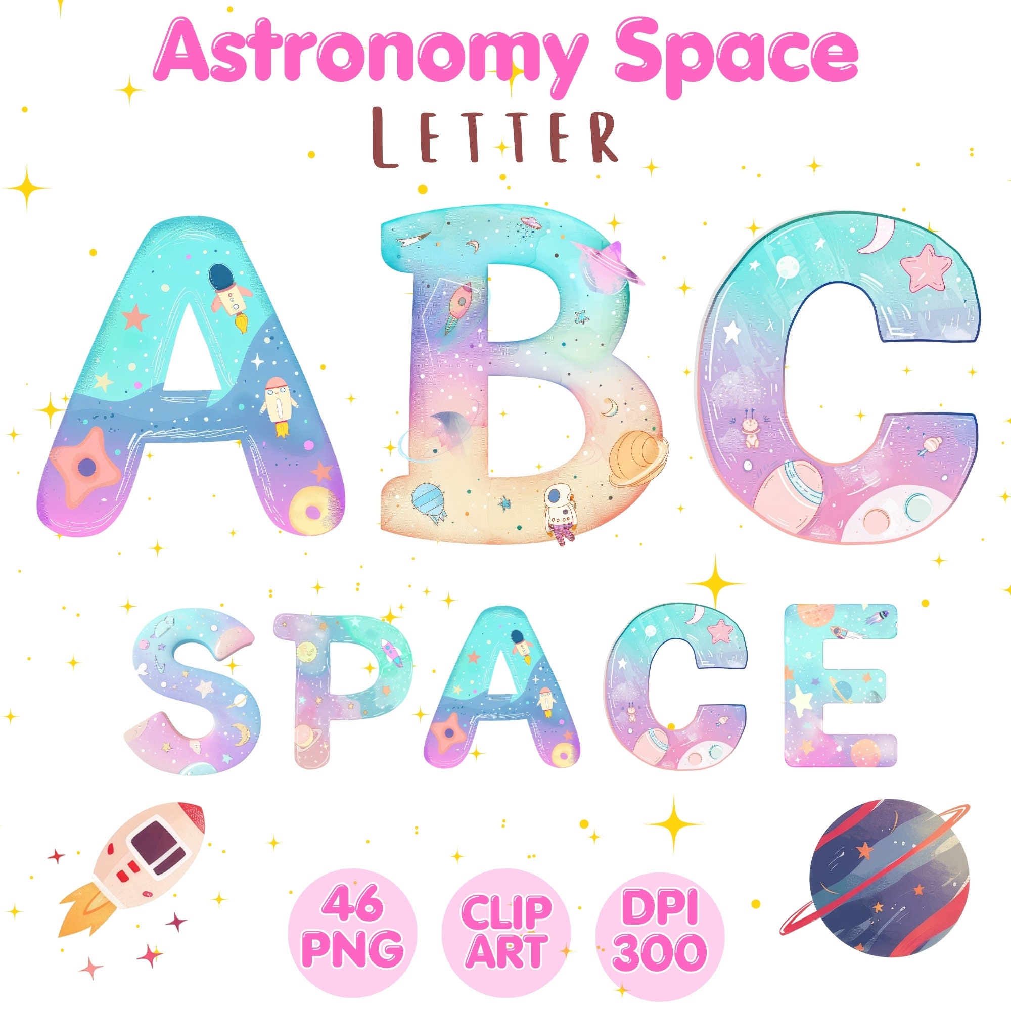Space Alphabet Clipart: Watercolor Astronomy Letters, Numbers (PNG ...