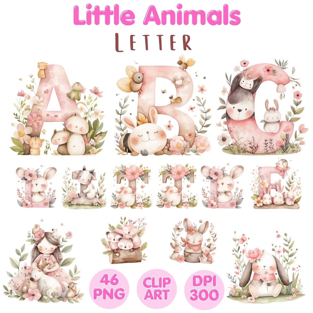 Animal Alphabet Clipart, Watercolor Letters, Numbers, PNG (commercial ...