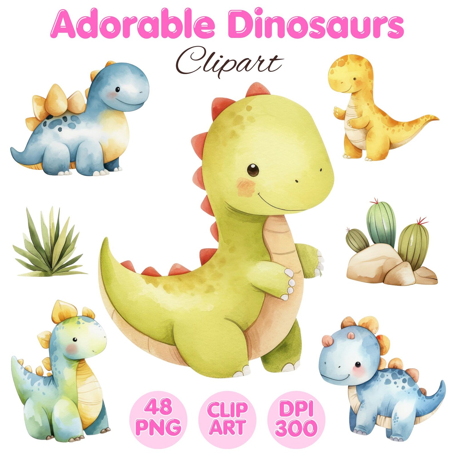 Adorable Watercolor Dinosaurs Clipart: 48 PNG Images (commercial Use ...