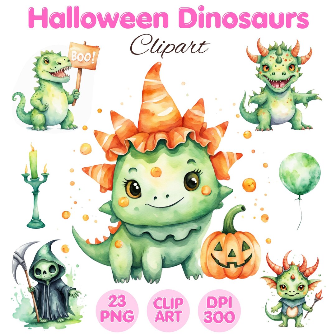 Watercolor Halloween Dinosaurs Clipart: 23 PNG Files (commercial Use ...