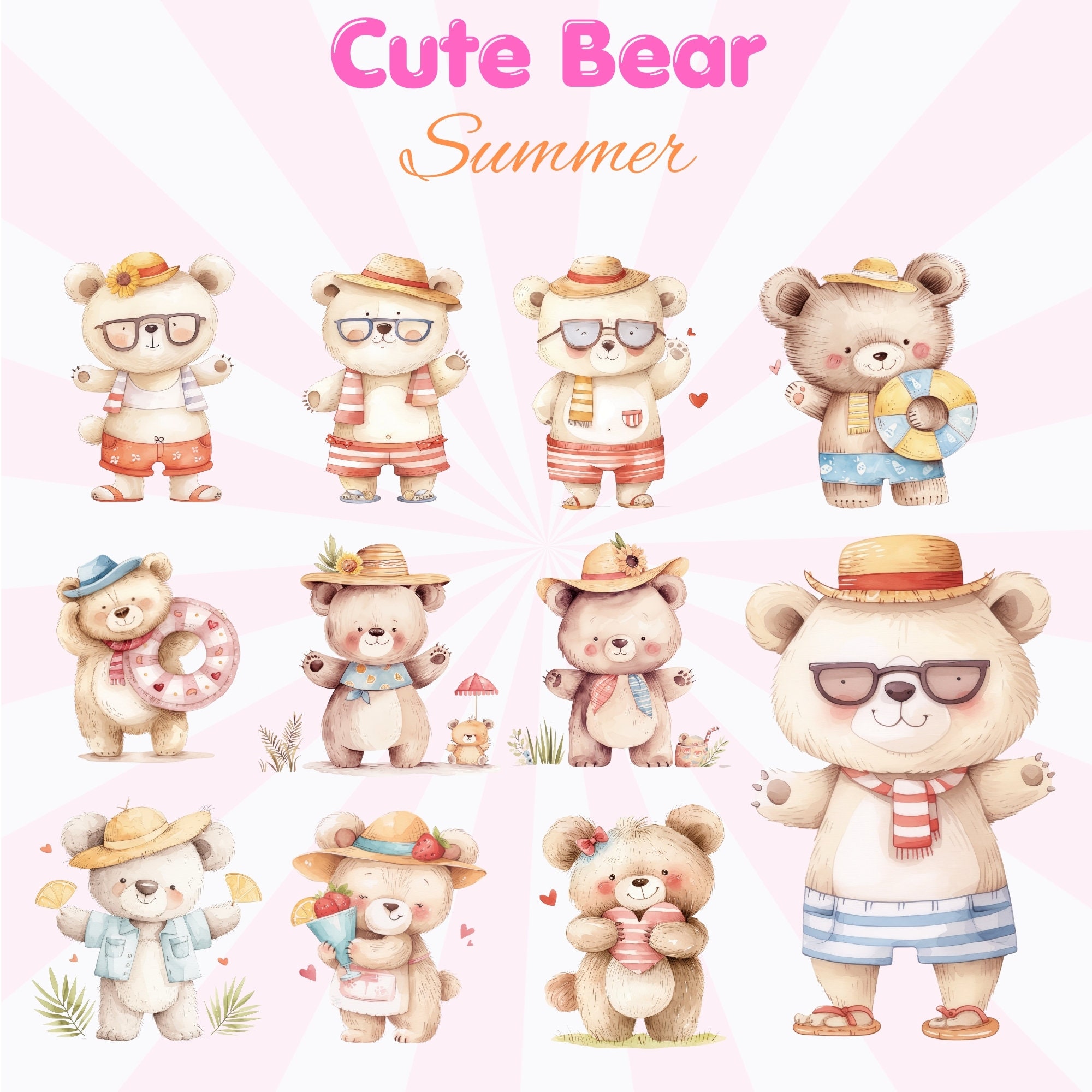 Cute Bear Summer, Bear Clipart PNG, Summer Watercolor, Bear Kids PNG ...